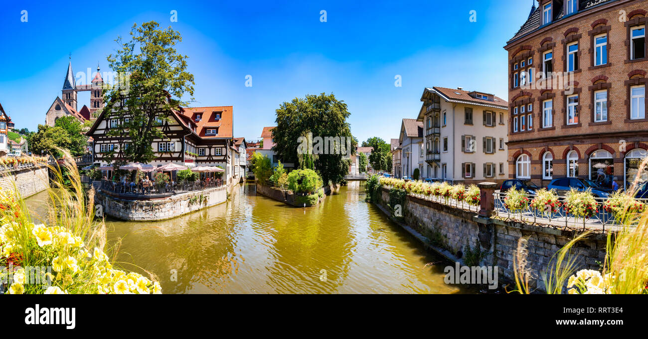 Esslingen am Neckar, Germany, 07/01/2018: Panorama view of channel with ...