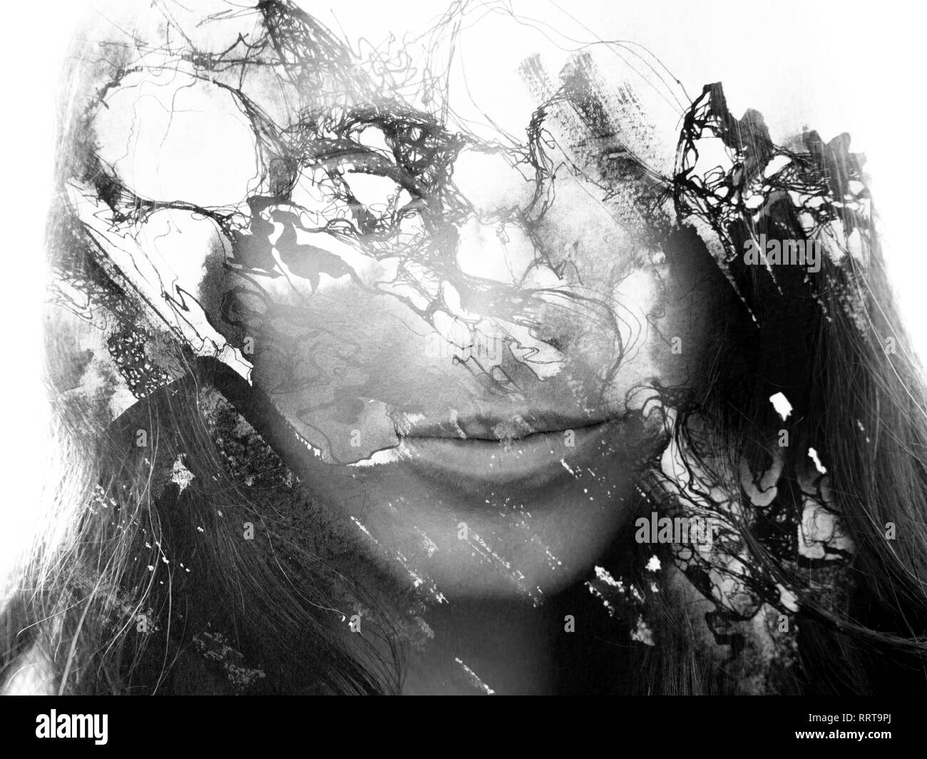 Her face dissolves into particles and shapes of the painting Stock ...