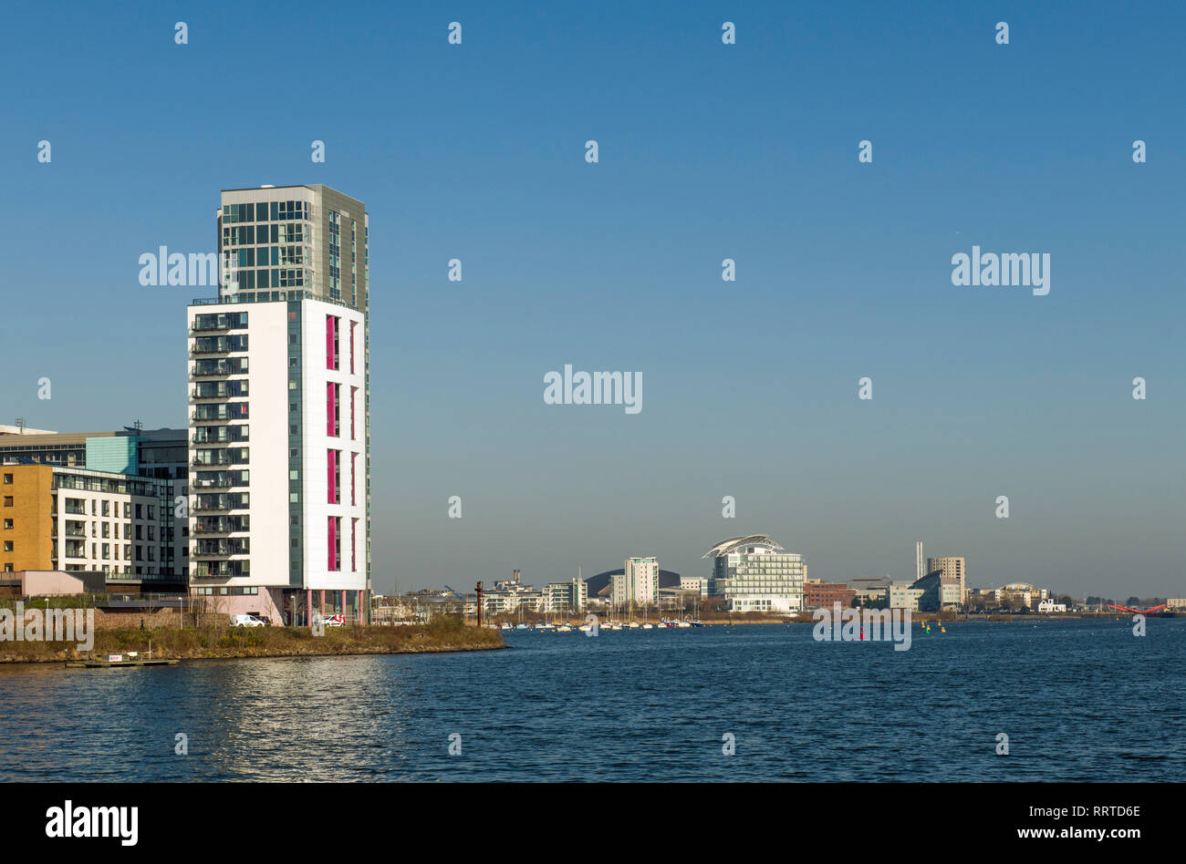 Cardiff Bay showing modern housing delevopment along its shores, south ...