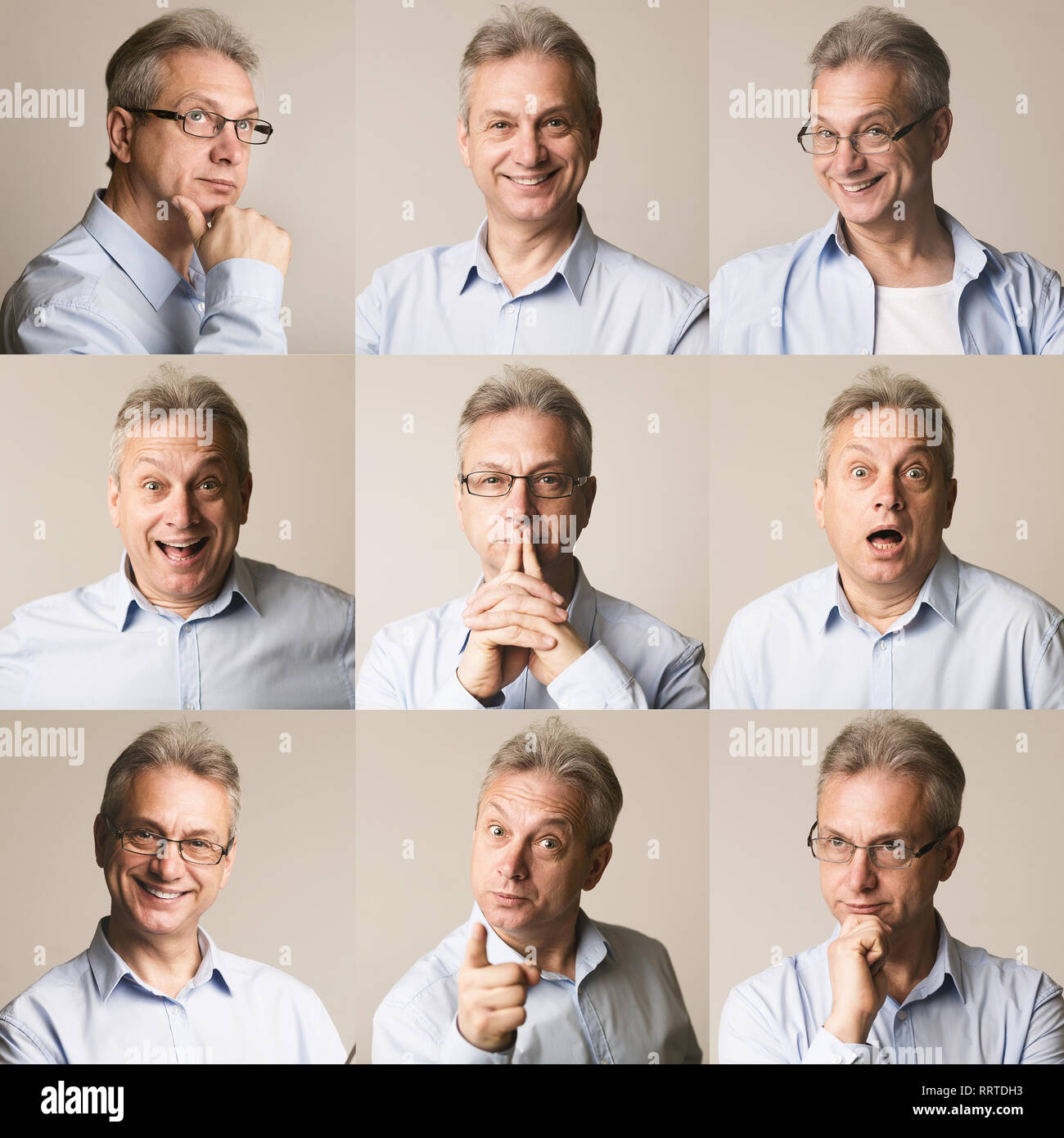 Collage of different feelings at gray studio background Stock Photo - Alamy