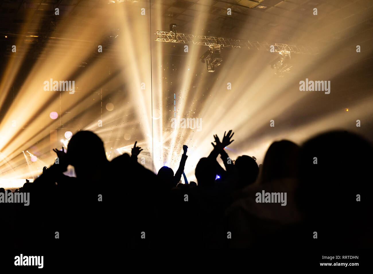 Silhouette of a concert crowd. The audience looks towards the stage ...