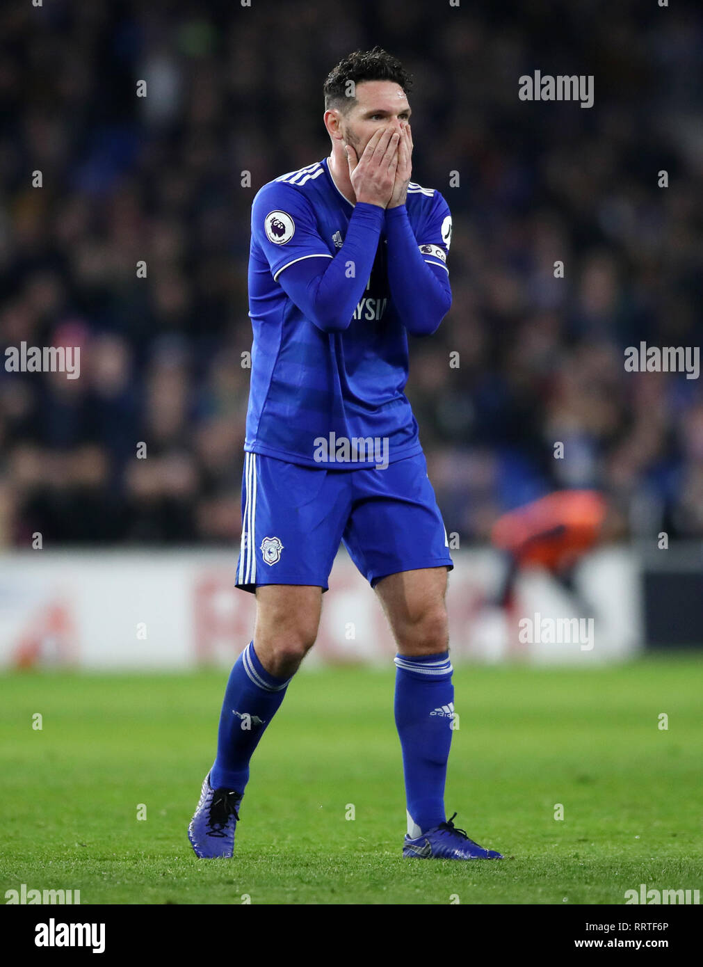 Cardiff City's Sean Morrison reacts during the Premier League match at ...