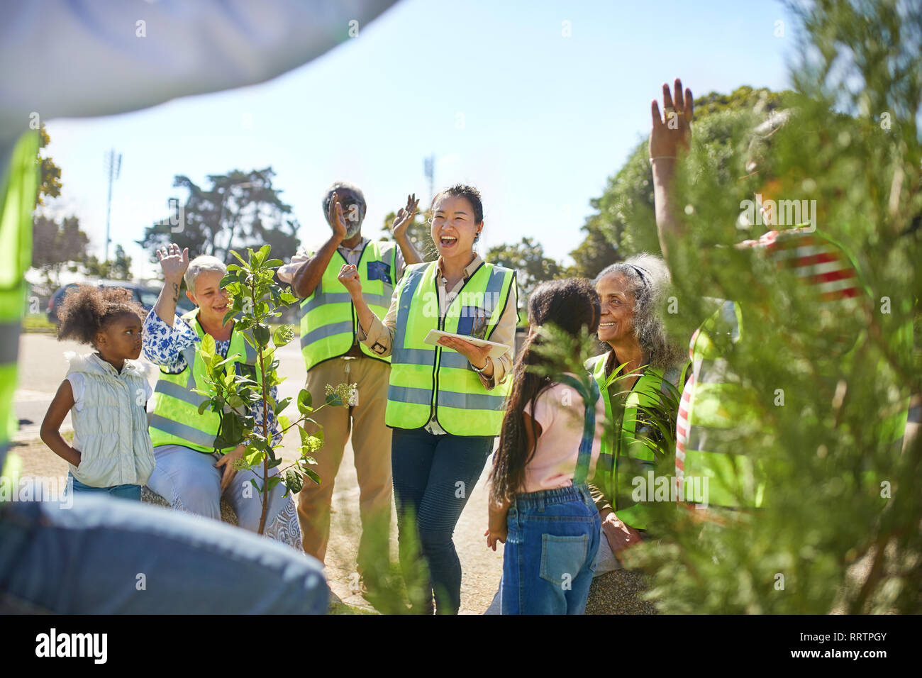 Enthusiastic volunteers cheering, planting trees at sunny park Stock ...