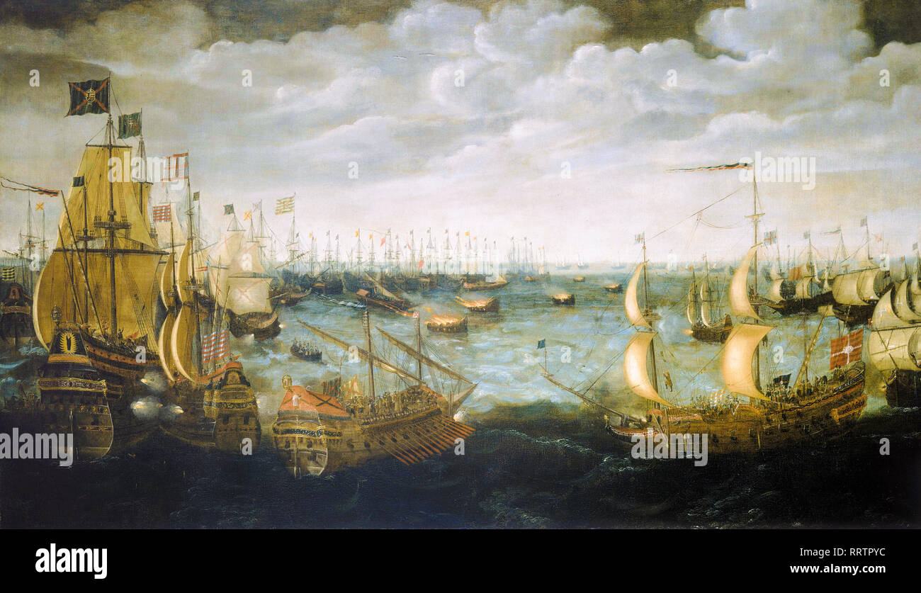 Launch of fireships against the Spanish Armada, 7th August 1588, oil on ...