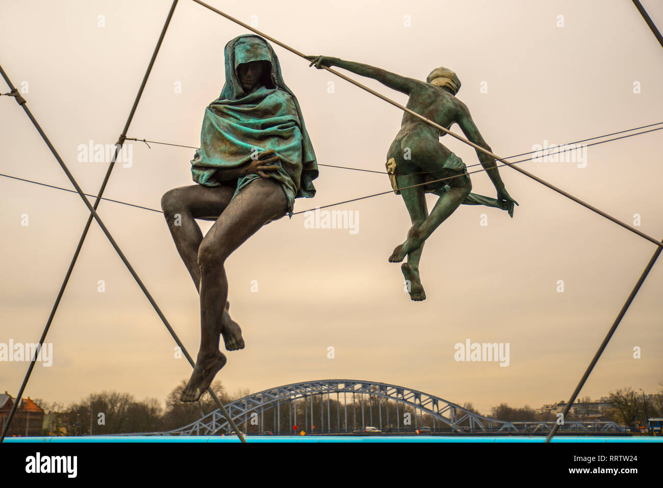 Sculptures on the Bernatek footbridge statues, Krakow, Poland Stock ...