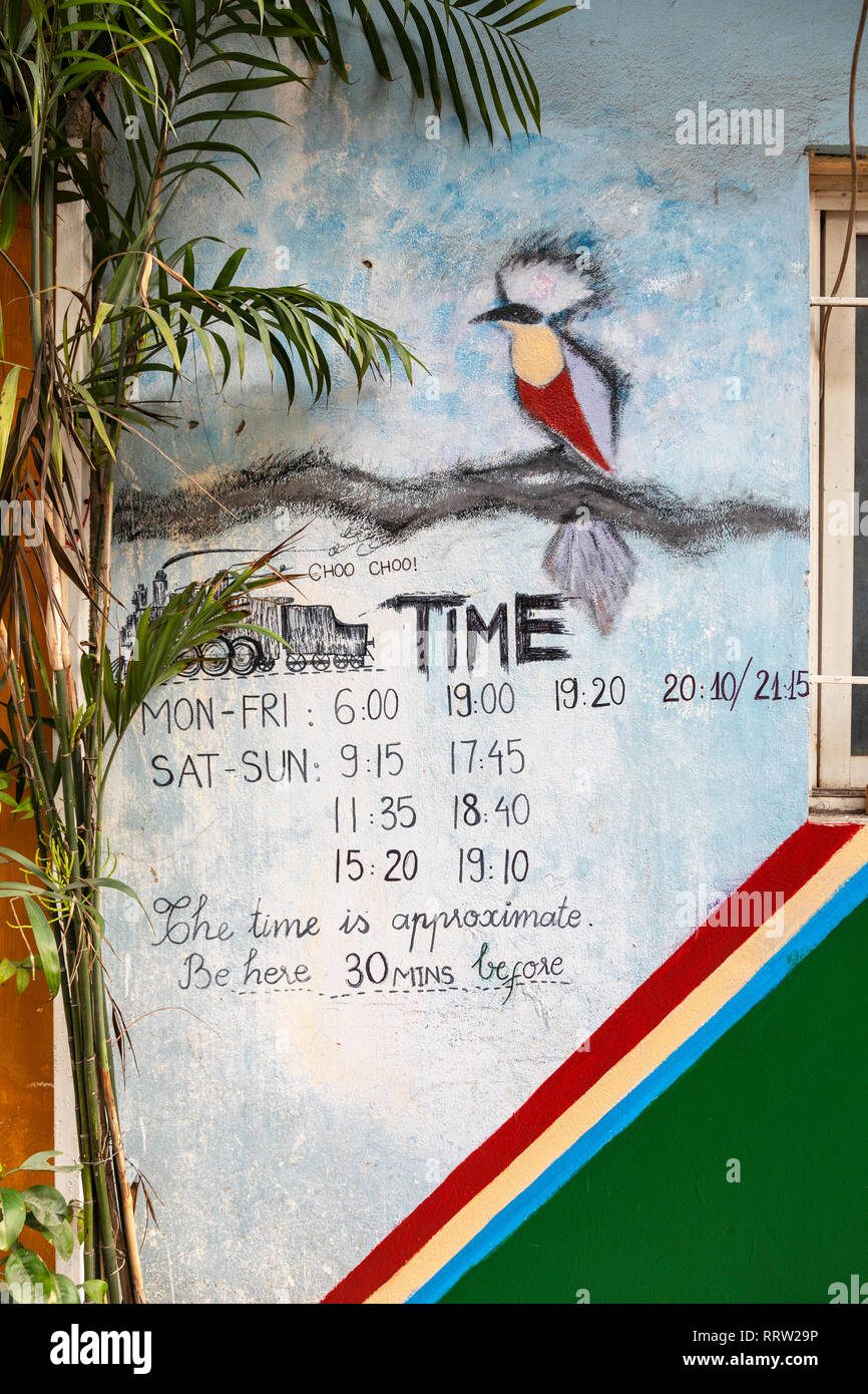 Train timetable written on a wall in Hanoi Train Street, between Le ...