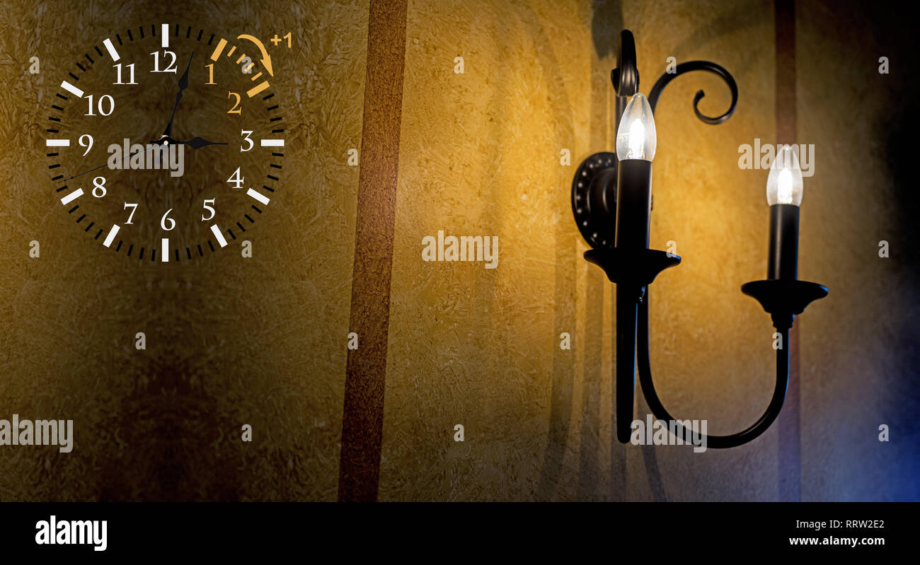 Daylight Saving Time. DST. Wall Clock going to winter time. Turn time forward. Abstract photo of ...