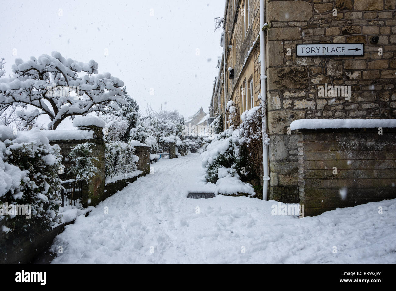 Side view of cottages from Tory Bradford on Avon in snowy weather Stock ...