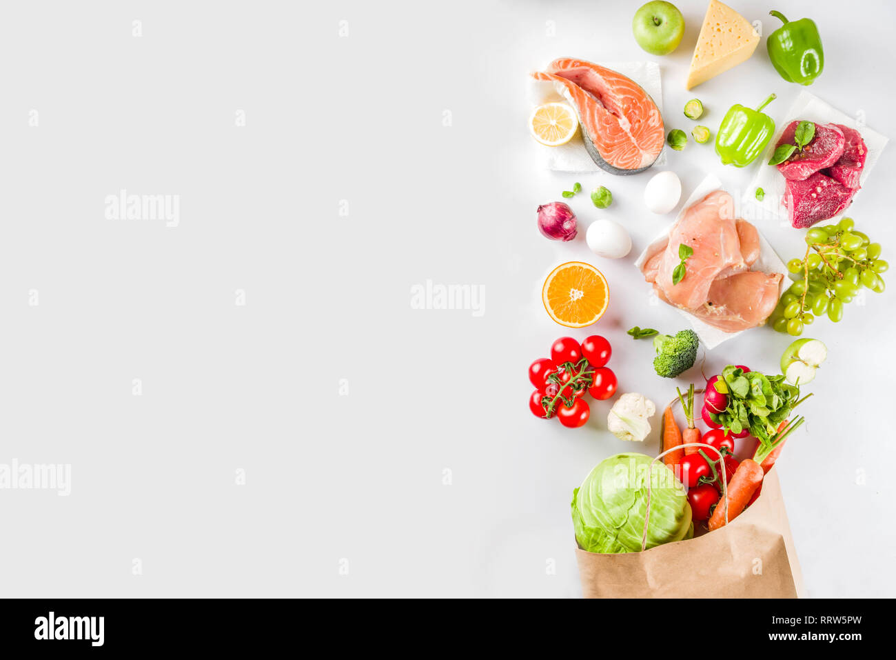 Healthy food shopping concept, Balanced diet ingredient - meat, fish ...