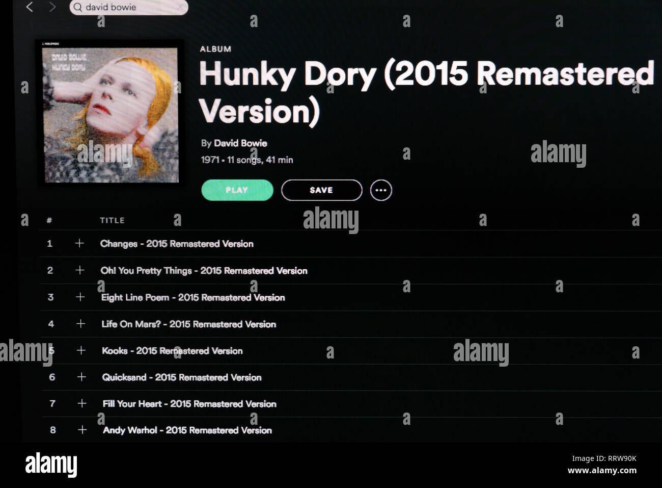 David Bowie album Hunky Dory Spotify page Stock Photo - Alamy