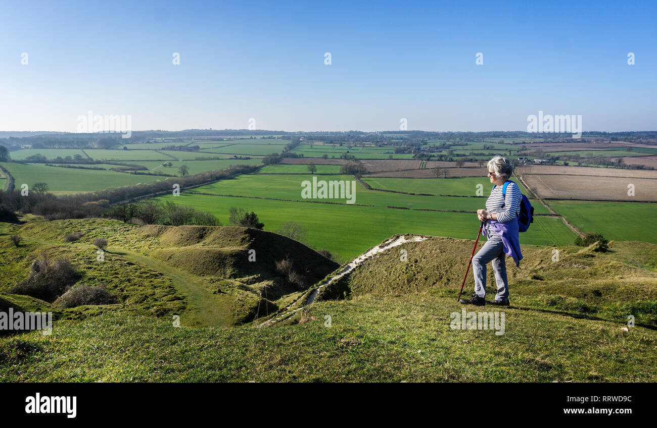 Mature female rambler admiring beautiful hilltop view from the top of ...
