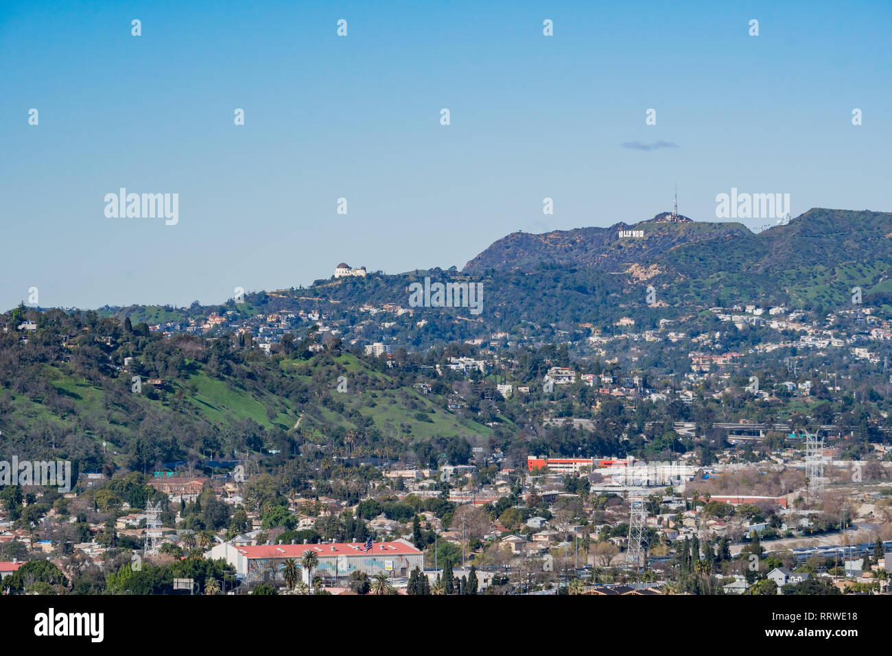 Aerial morning view of the Los Angeles city downtown area with Griffith ...