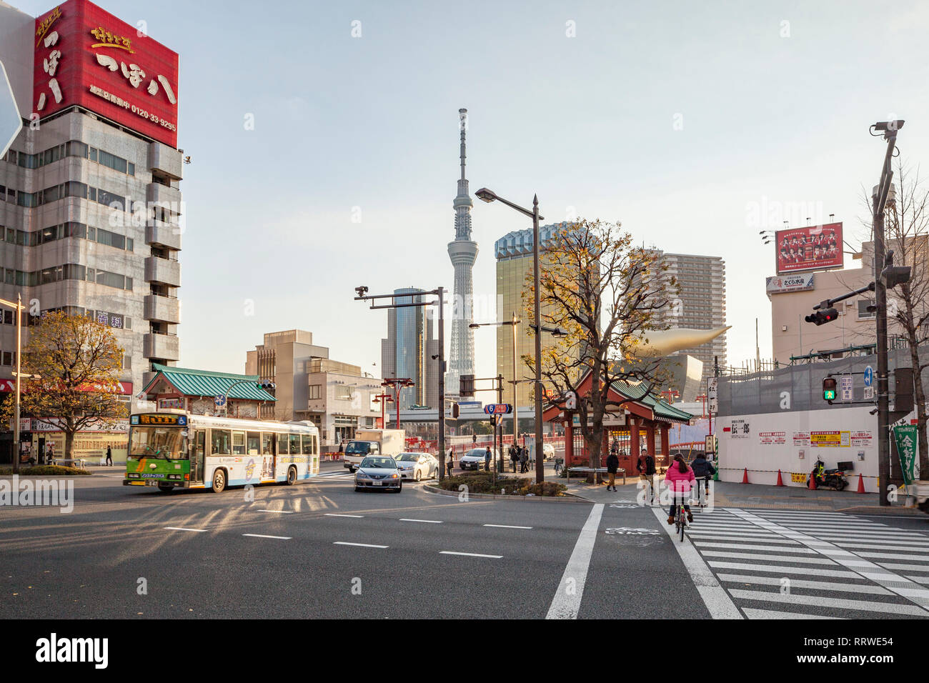 A road intersection in Asakusa, with the Tokyo Skytree in the ...