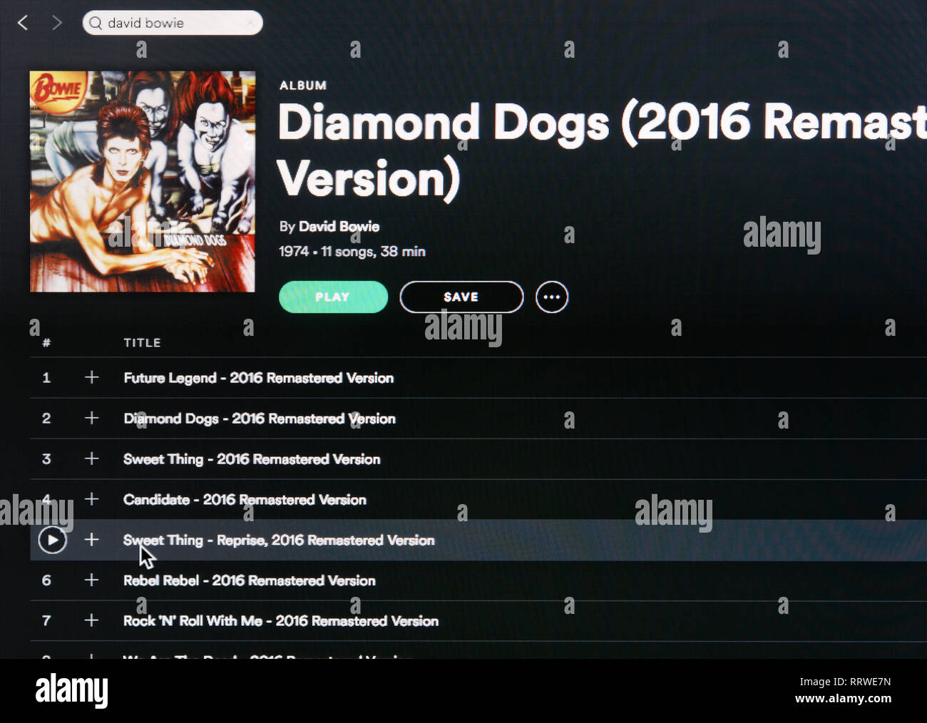 David Bowie album Diamond Dogs Spotify page Stock Photo - Alamy