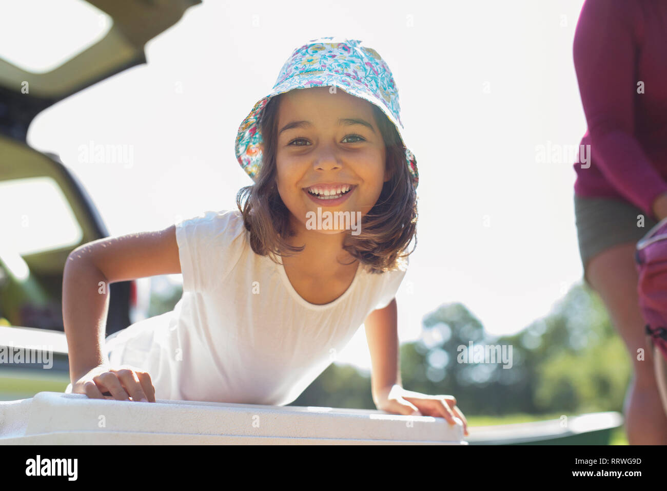Portrait happy girl standing outdoors hi-res stock photography and ...