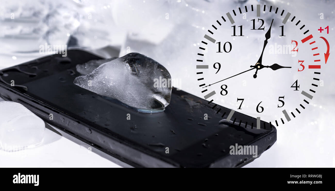 Daylight Saving Time. DST. Wall Clock going to winter time. Turn time forward. Abstract photo of ...