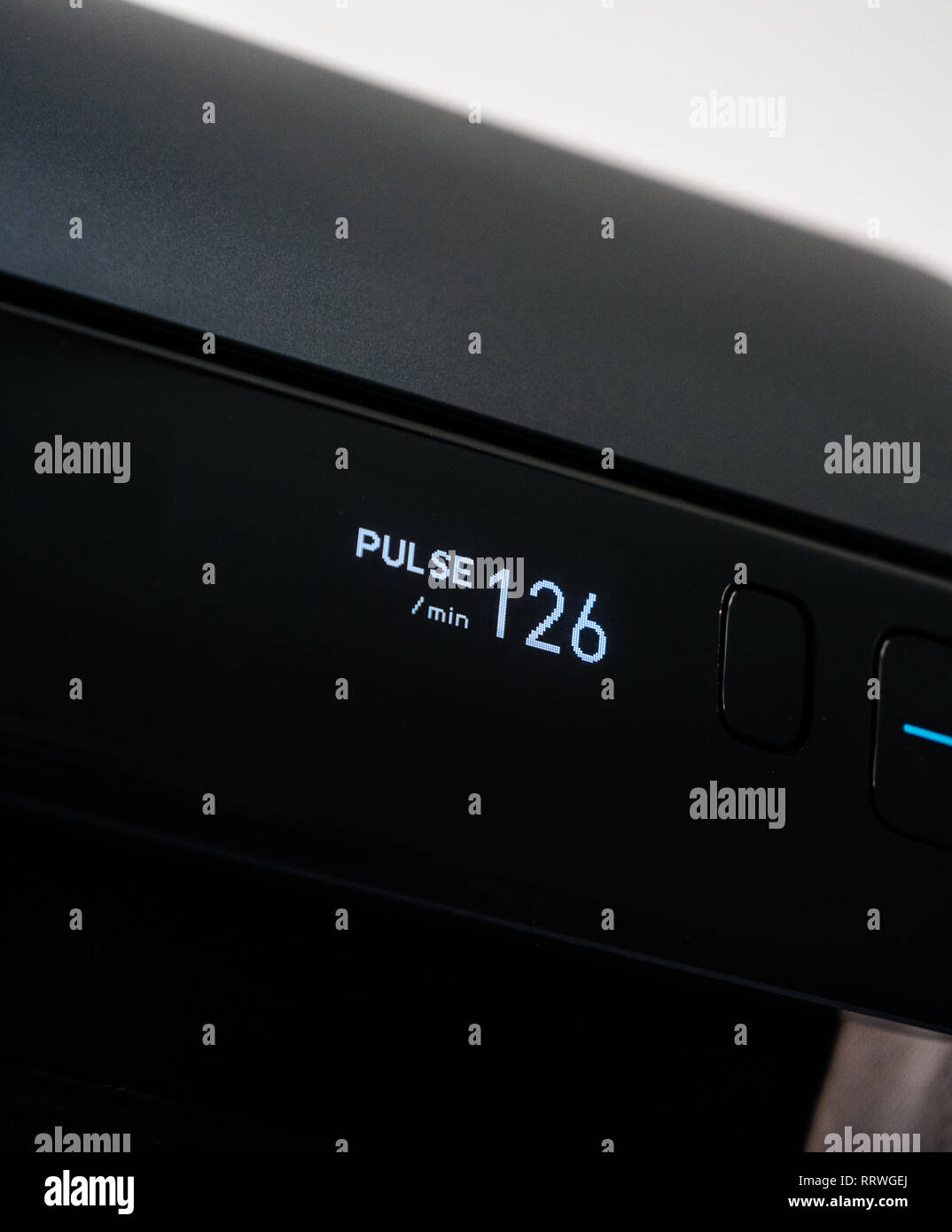 Data writings such 126 bpm pulse on LCD monitor display of new modern ...