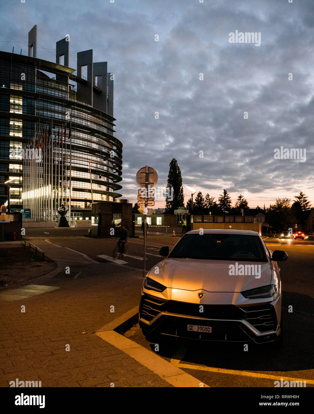 STRASBOURG, FRANCE - OCT 25, 2018: Front view of new Lamborghini Urus ...