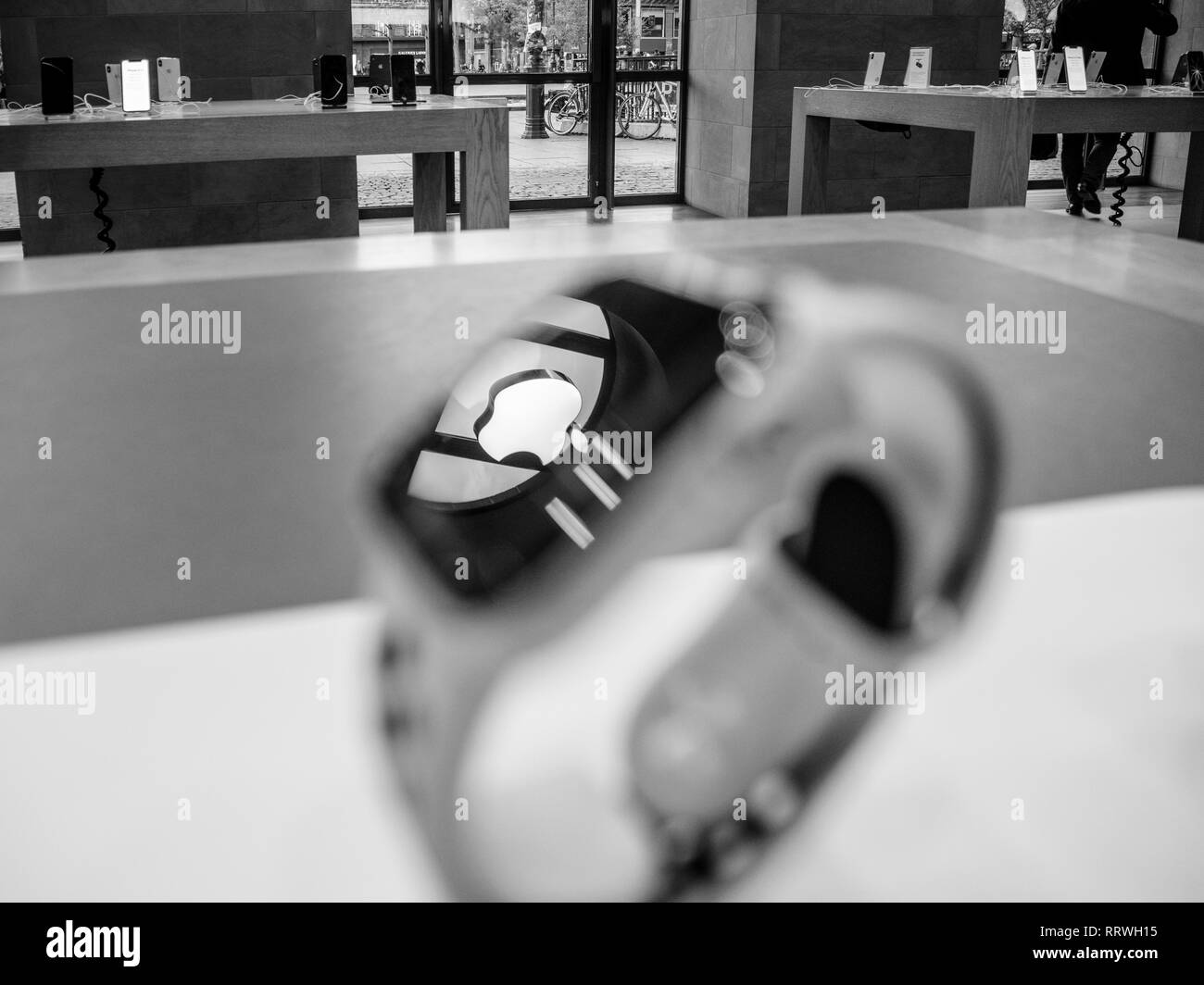 PARIS, FRANCE - OCT 25, 2018: Extreme close-up shot of latest Apple ...