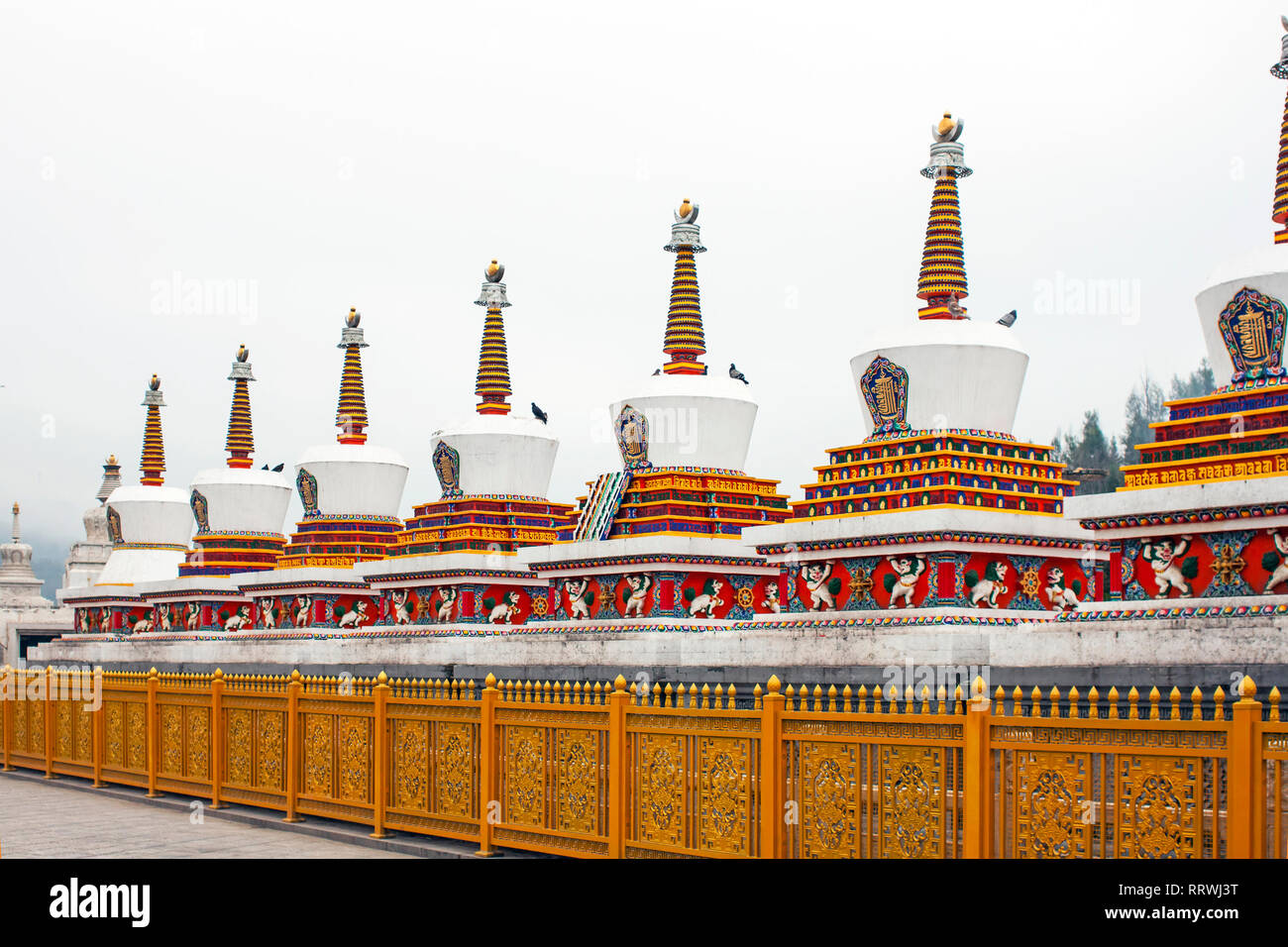 Tibetan Religious Elements Of Chorten. Serious Of Colourful Stupa In ...