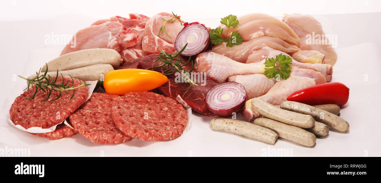 raw meat. Different types of raw pork meat, chicken and beef with ...