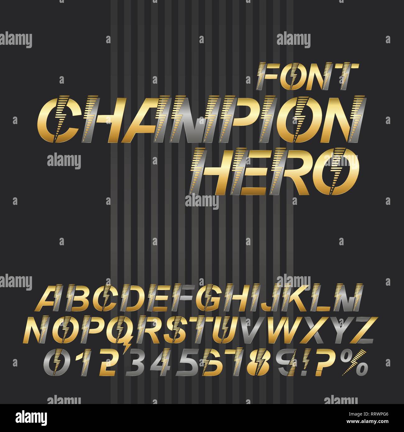 Champion Super hero font alphabet. Silver and gold metallic letters and ...