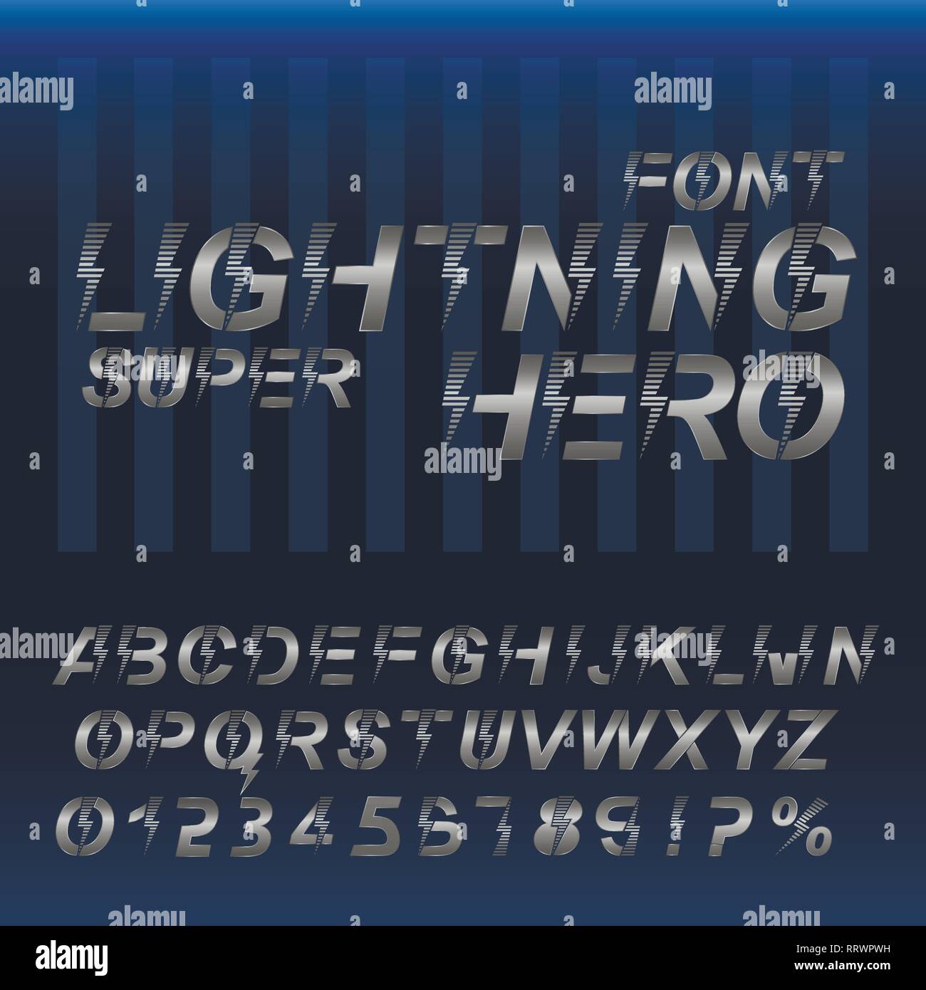 Lightning Super hero font alphabet. Silver metallic letters and numbers ...