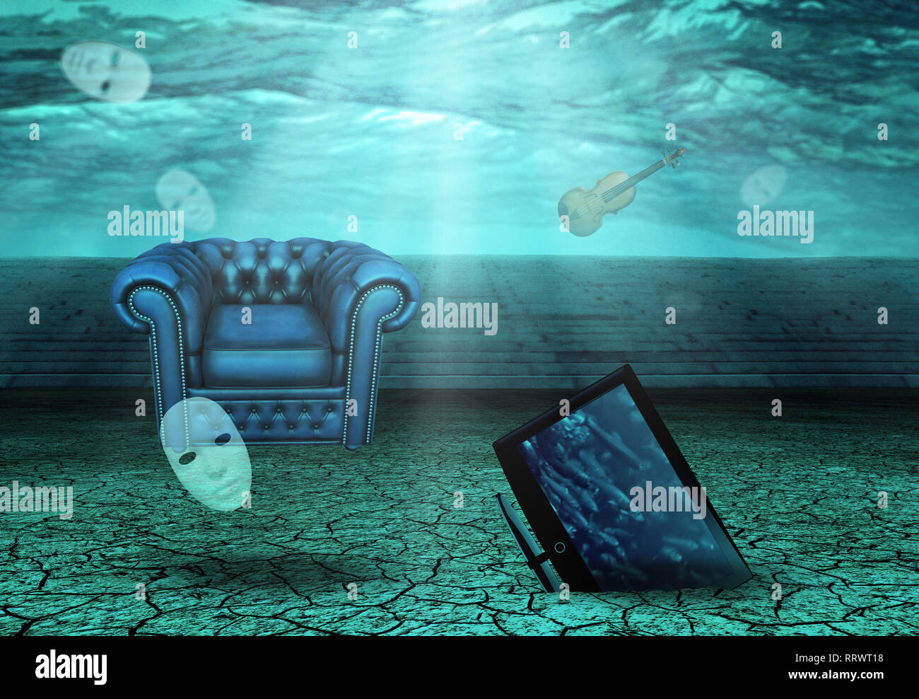 Underwater desert ruins with partially buried TV, violin and other ...