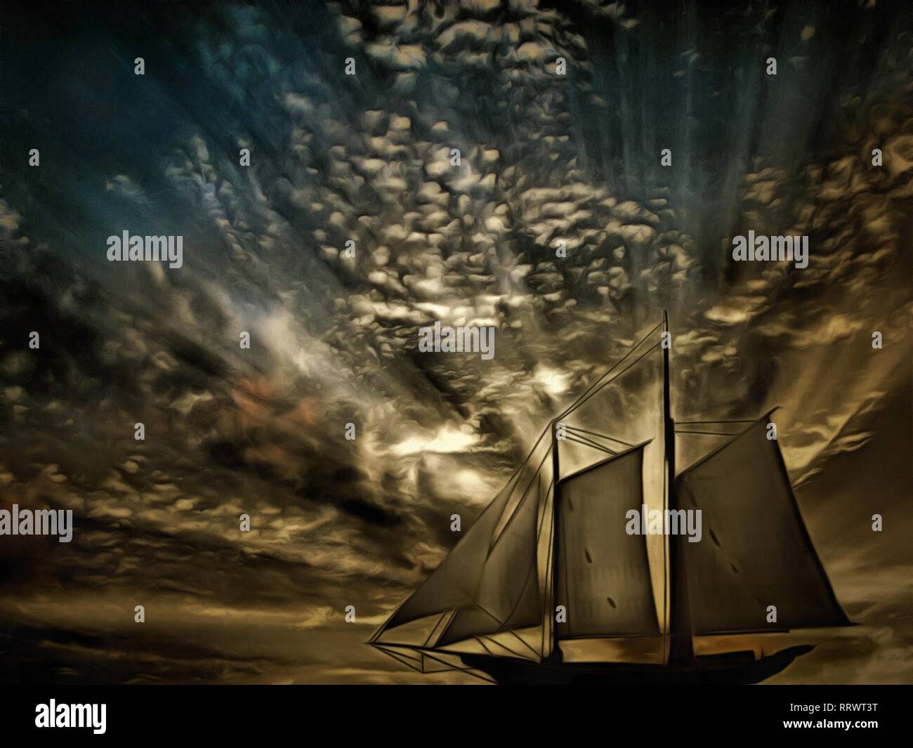 Painting. Sailboat. Dramatic sky Stock Photo - Alamy