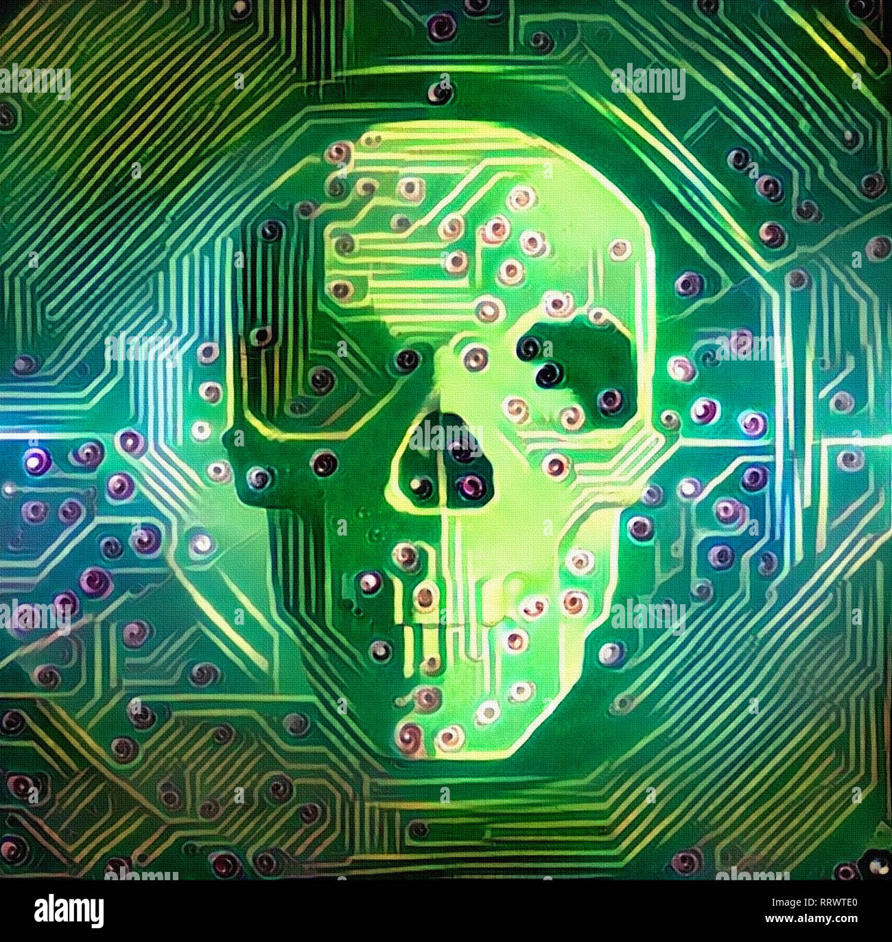 Symbolic composition in green colors. Human skull on circuit board ...