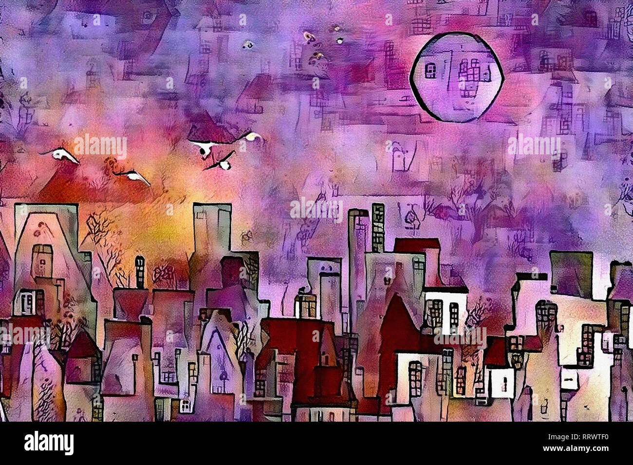 Birds fly over the town. Full moon Stock Photo - Alamy