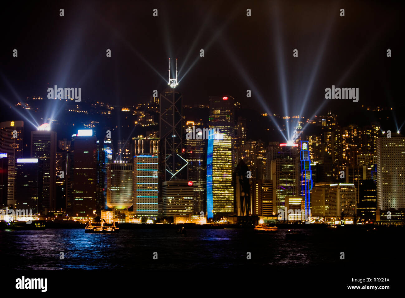 Illuminated buildings in the skyline of a large urban city at night ...