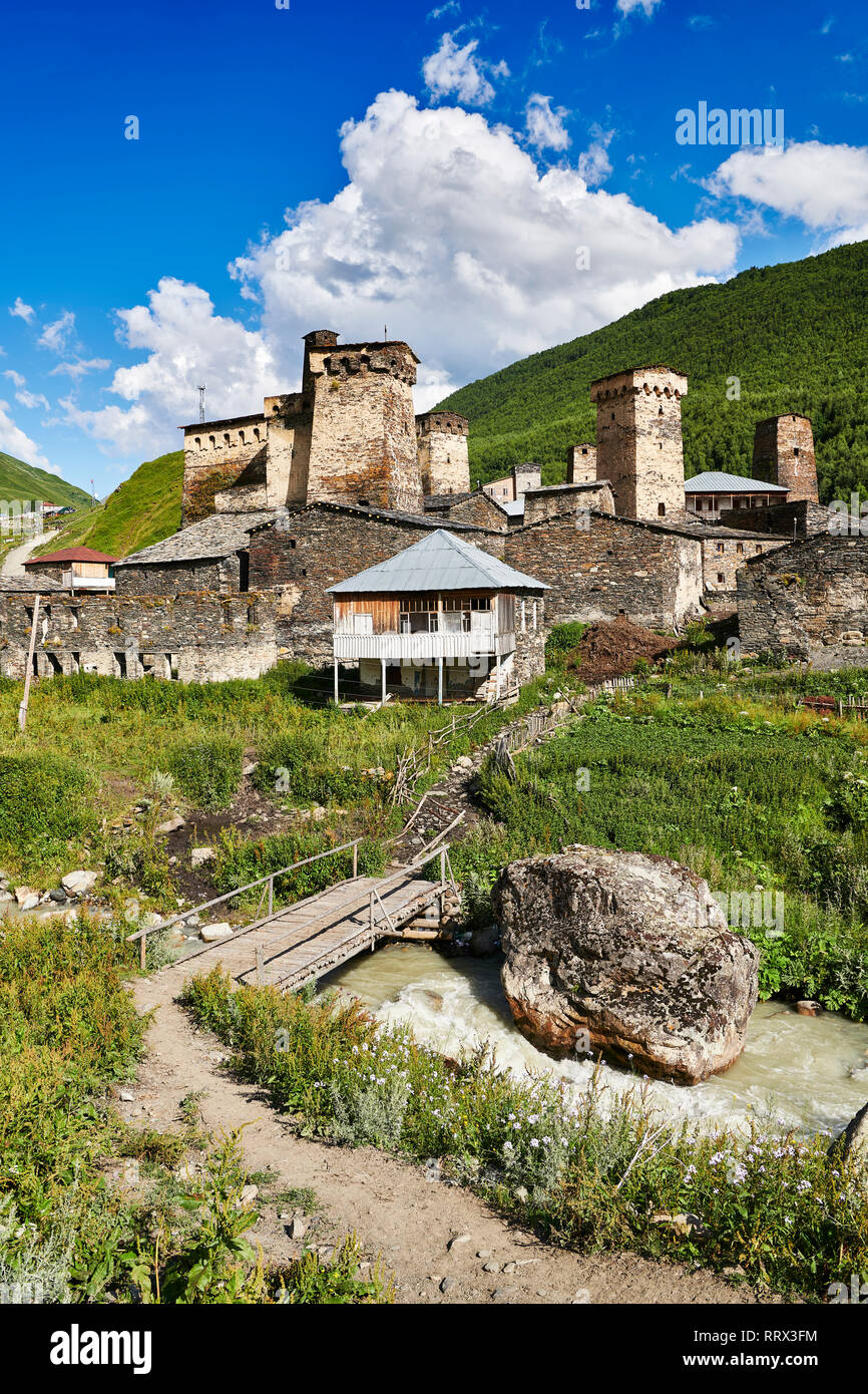 Stone medieval Svaneti tower houses of Chazhashi, Ushguli, Upper ...