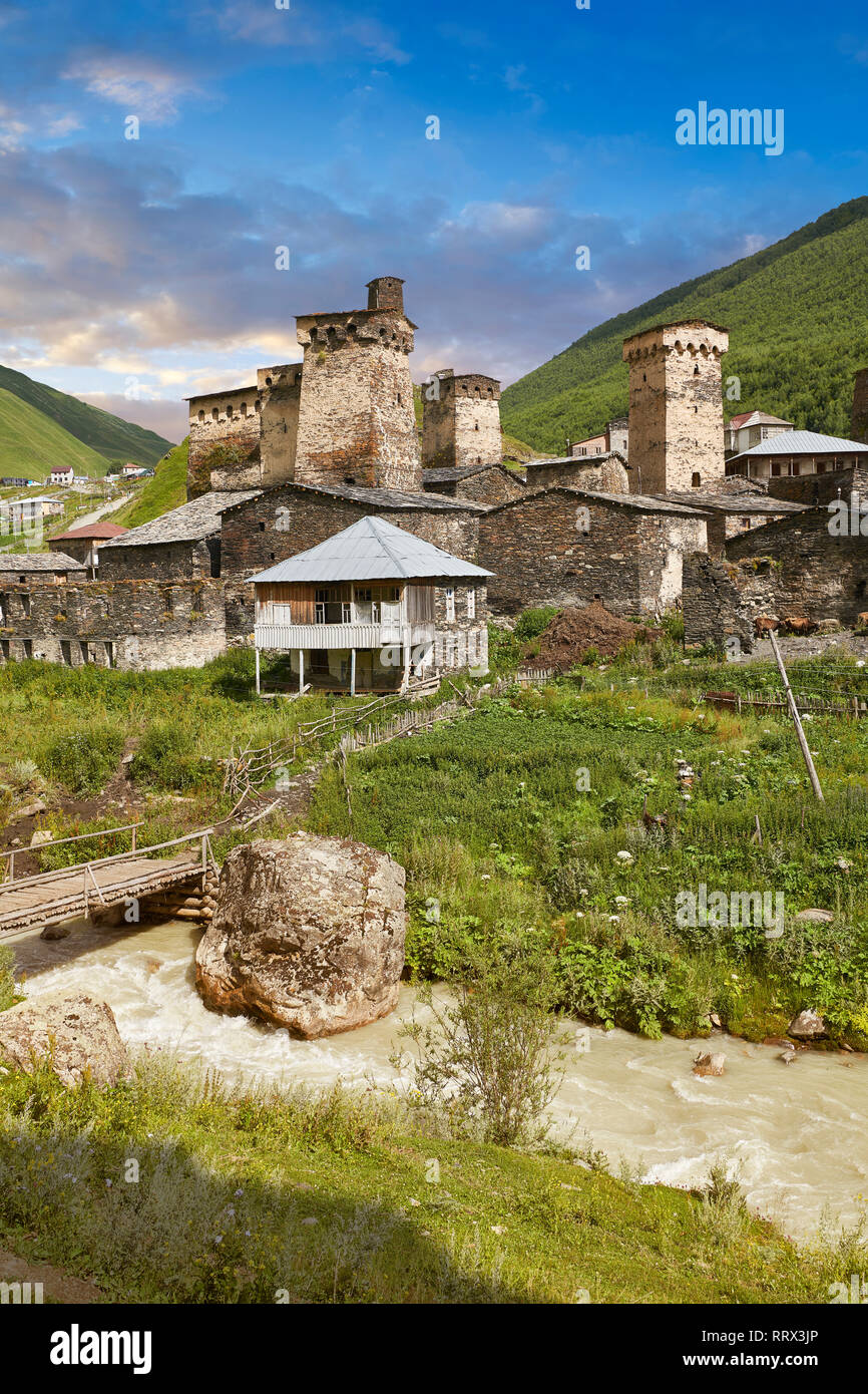 Stone medieval Svaneti tower houses of Chazhashi, Ushguli, Upper ...