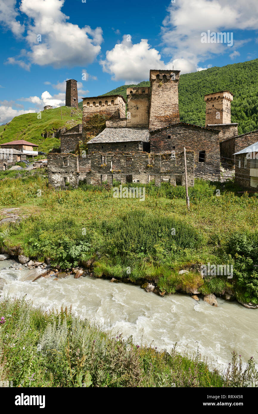Stone medieval Svaneti tower houses of Chazhashi, Ushguli, Upper ...