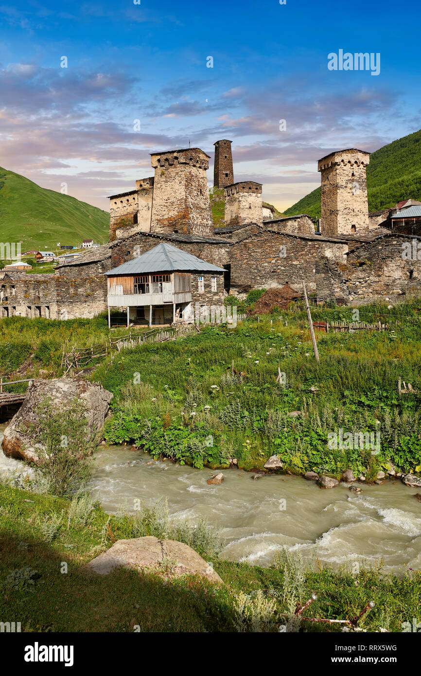 Stone medieval Svaneti tower houses of Chazhashi, Ushguli, Upper ...