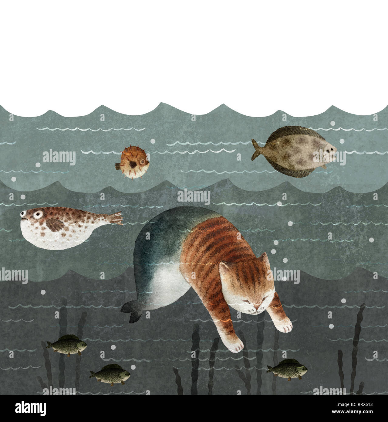 Cute watercolor cat mermaid in the sea waves with fishes. Hand drawn ...