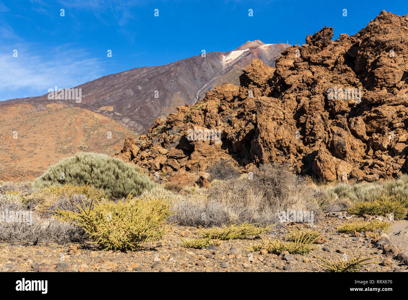 Volcanic rock, solidified magma and mount Teide in the Las Canadas del ...