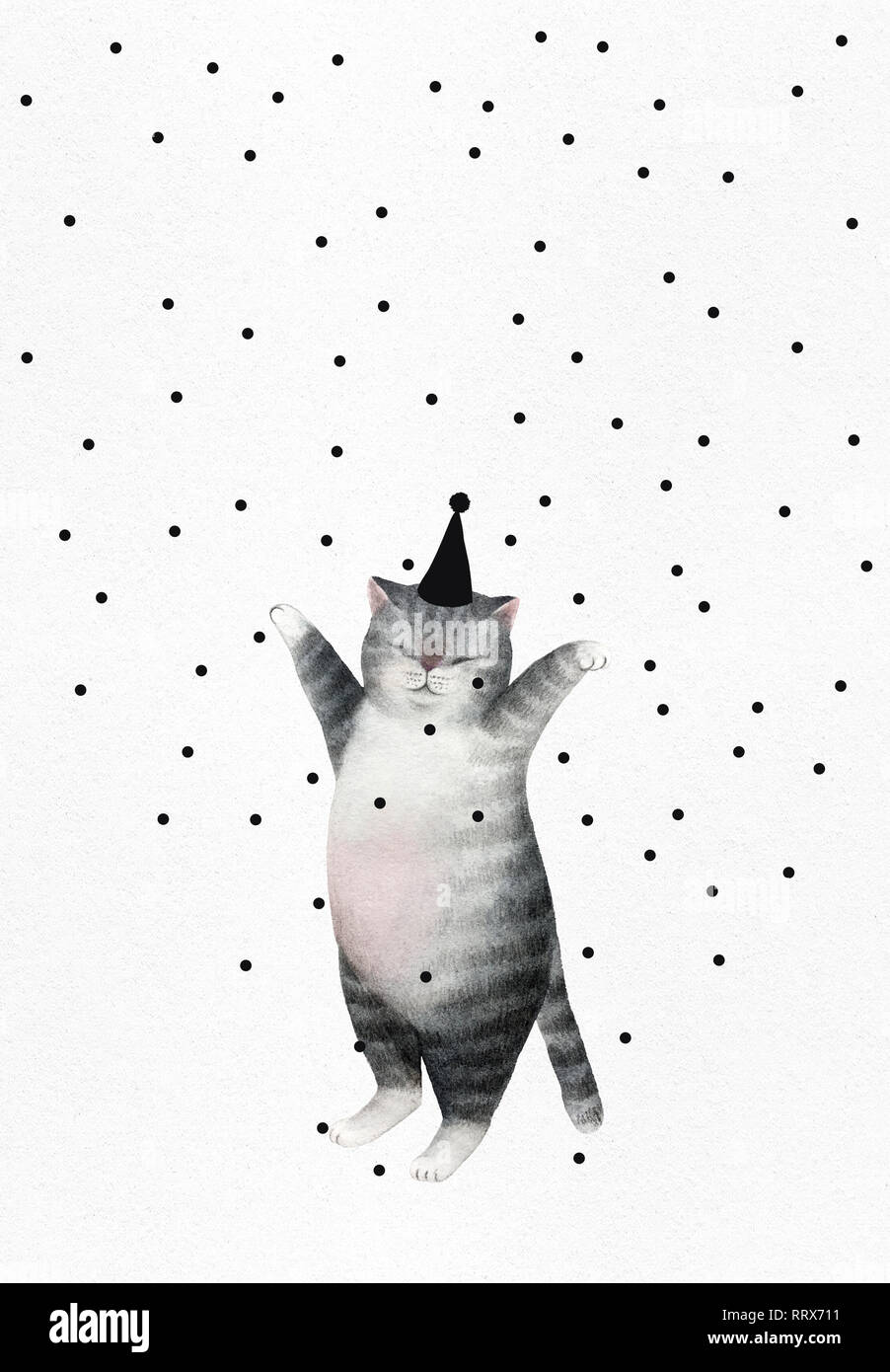 Greeting postcard with cute watercolor cat. Stripped fat cat isolated ...