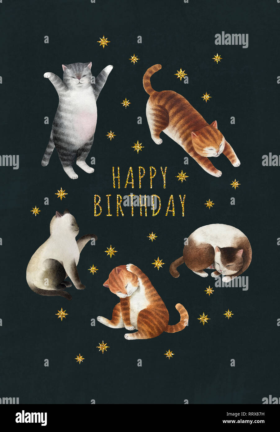 Greeting postcard with set of cats. Set of watercolor cats, gold ...