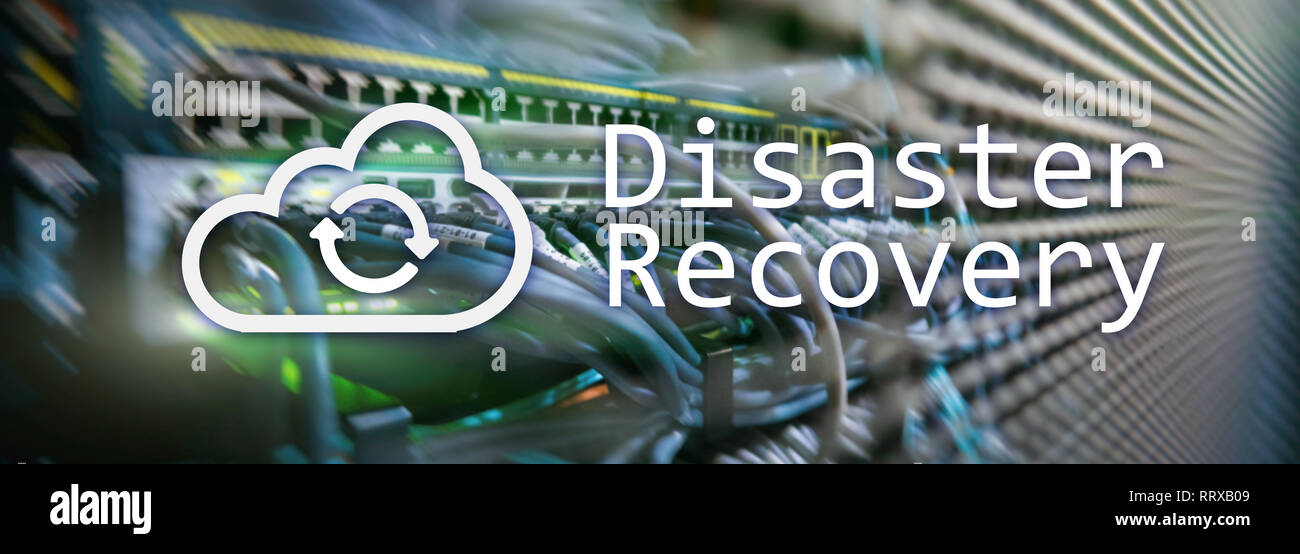 DIsaster recovery. Data loss prevention. Server room on background ...