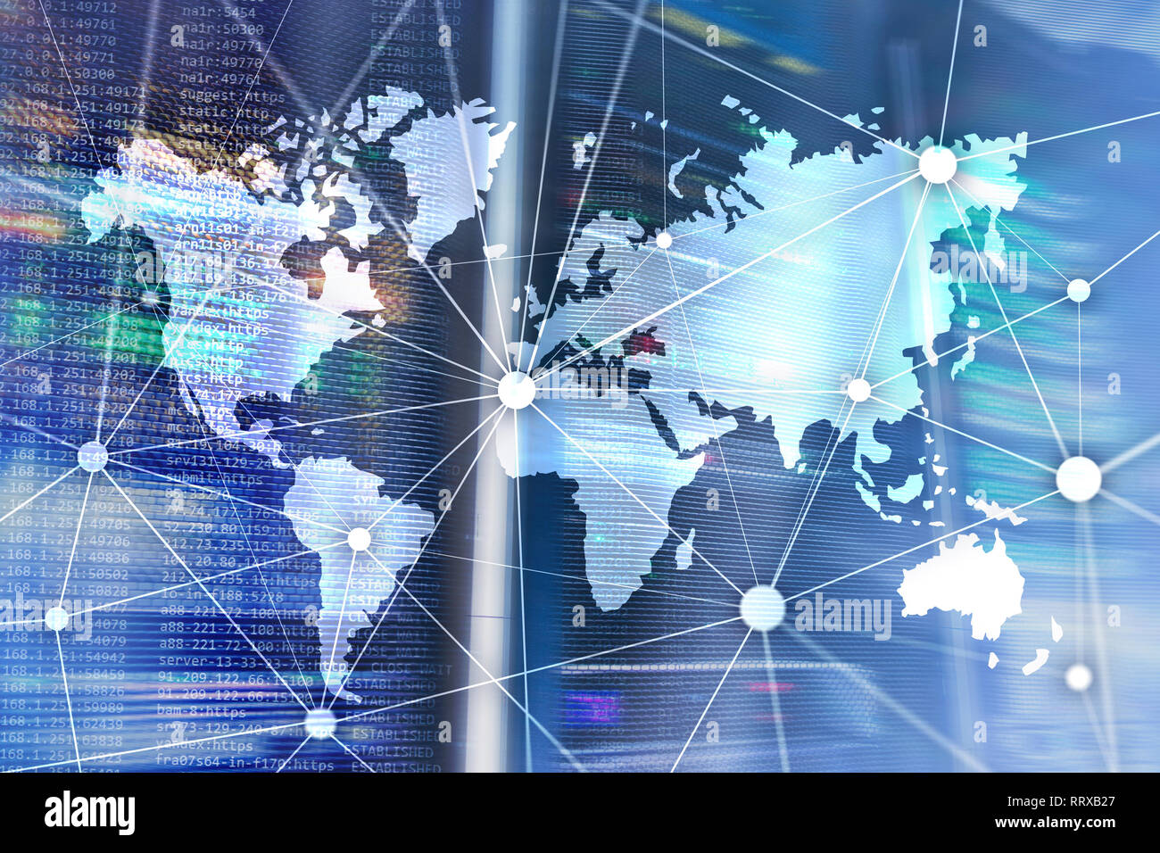 World map with communication network on server room background Stock ...