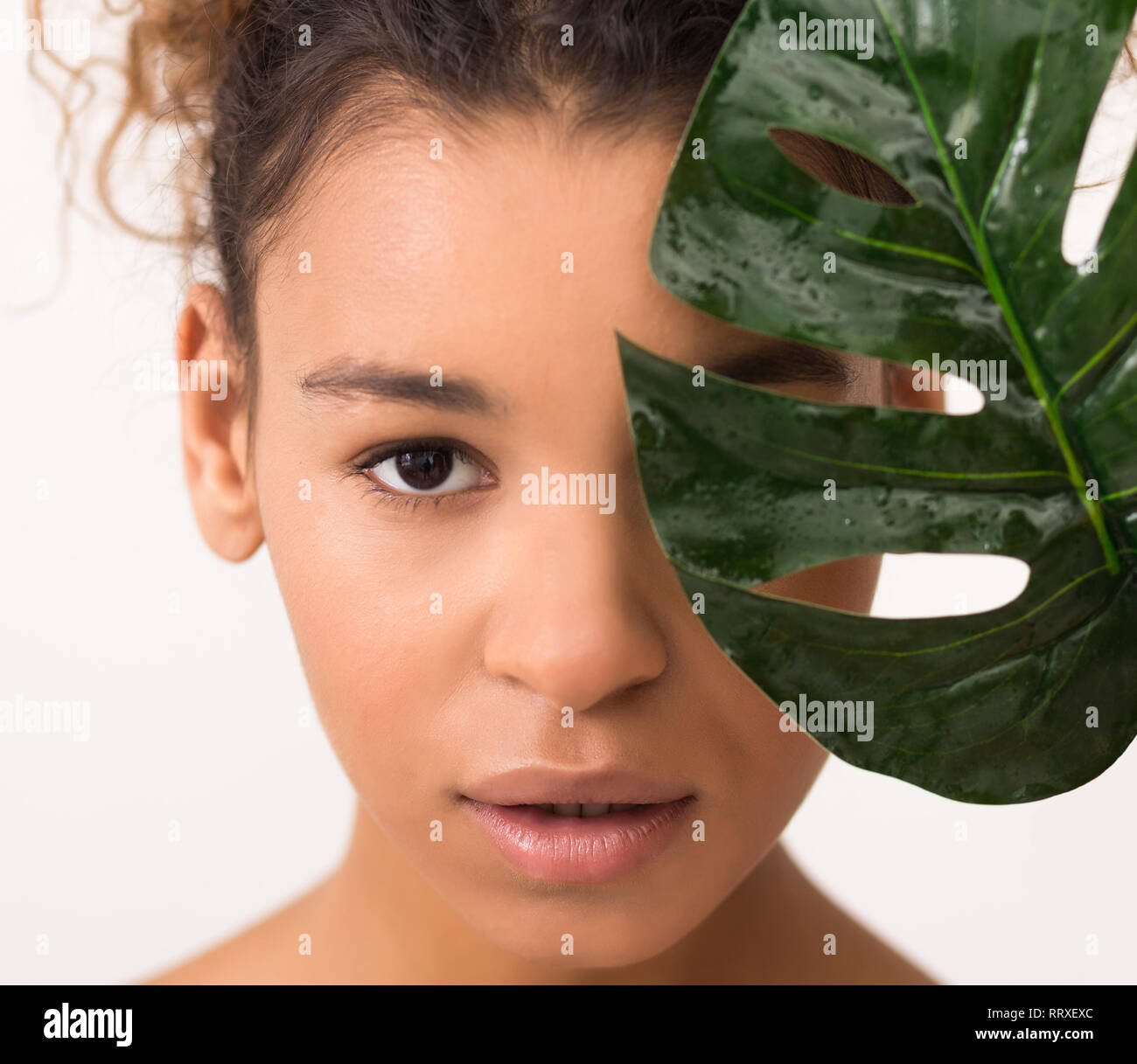 African-american woman with green tropical leaf, crop Stock Photo - Alamy