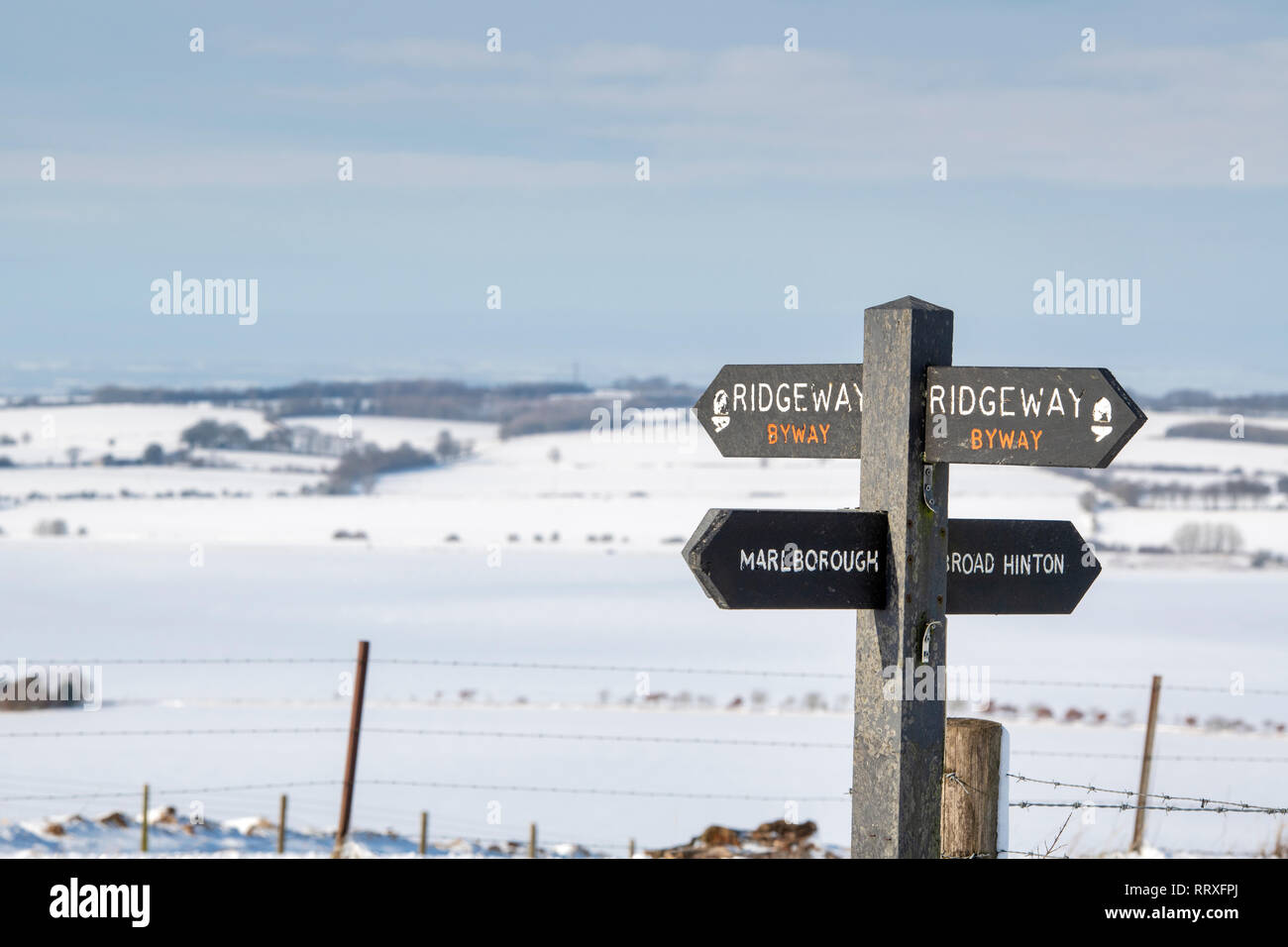 The Ridgeway signpost on top of Hackpen Hill in the snow covered ...