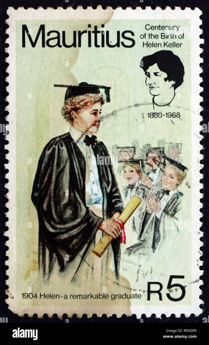 MAURITIUS - CIRCA 1980: a stamp printed in Mauritius shows Helen Keller ...