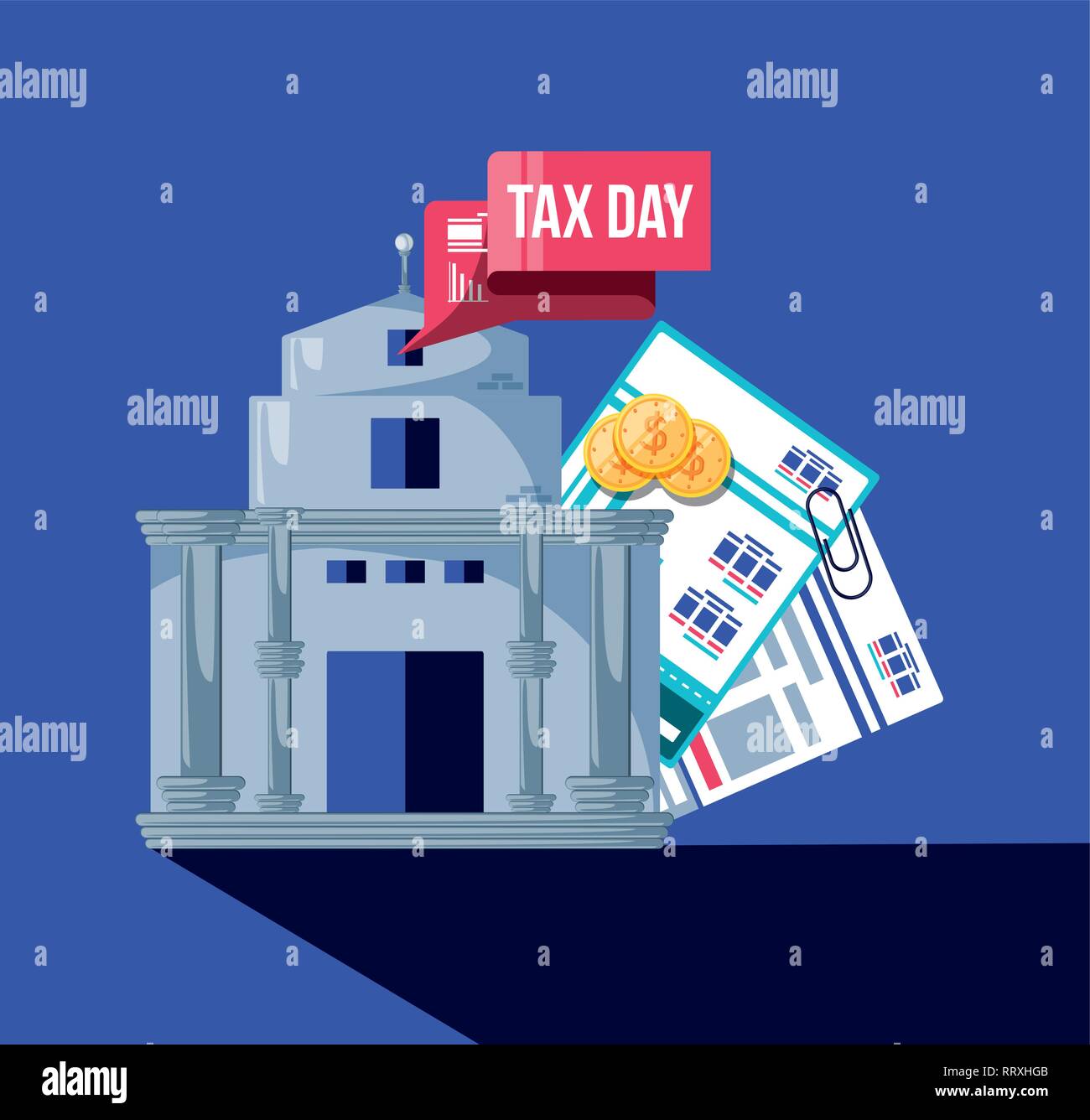 tax day with bank building and set icons vector illustration design ...