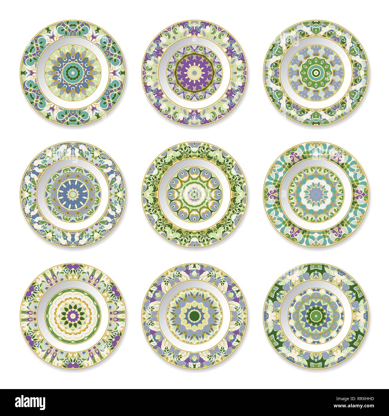 Set of decorative plates with a circular pattern and gold contour, top ...