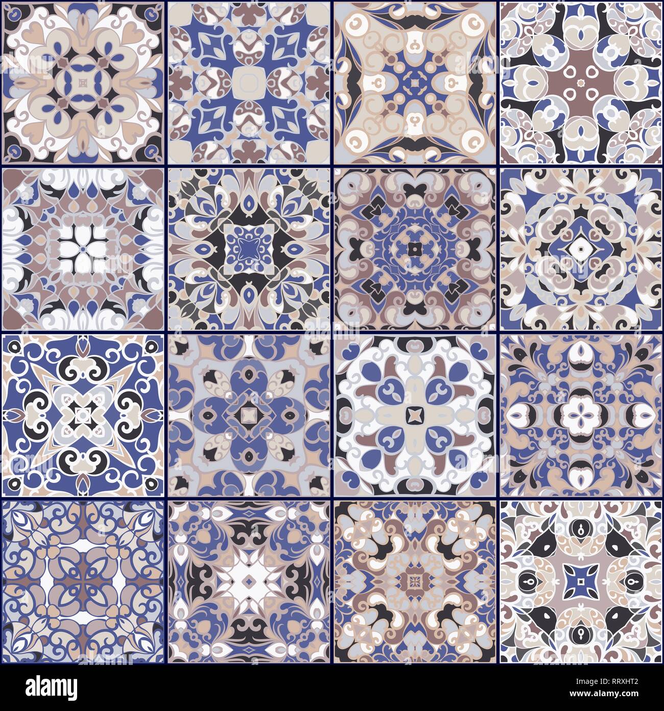 A collection of ceramic tiles in blue colors. A set of square patterns ...