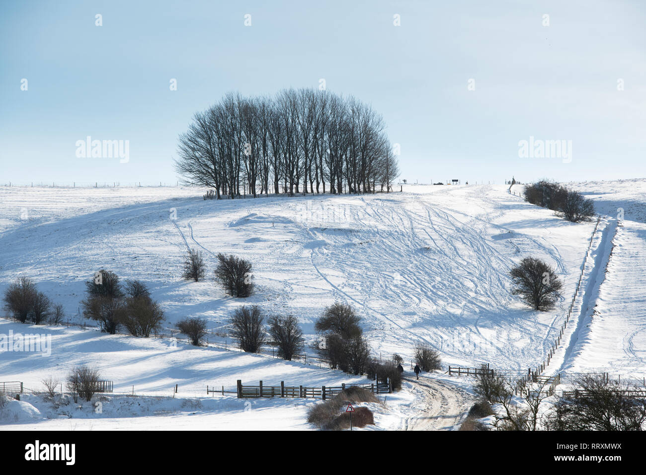Snow covered Hackpen Hill in the wiltshire countryside. Broad Hinton ...
