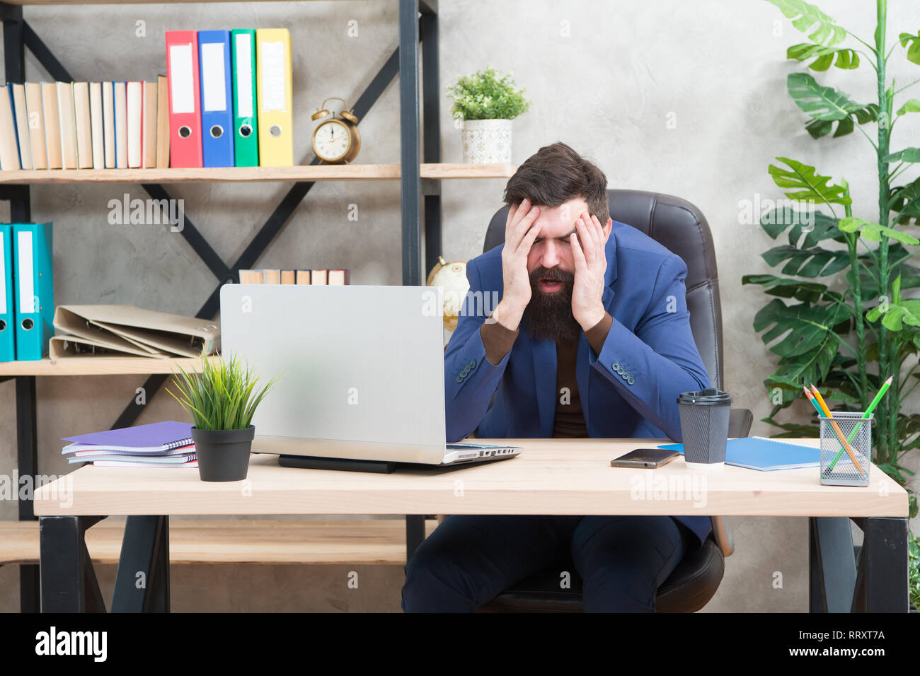 Unforgivable mistake. Falling stock prices. Man bearded boss sit office ...